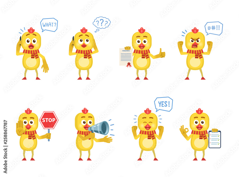 Set of cartoon chicken characters posing in different situations ...
