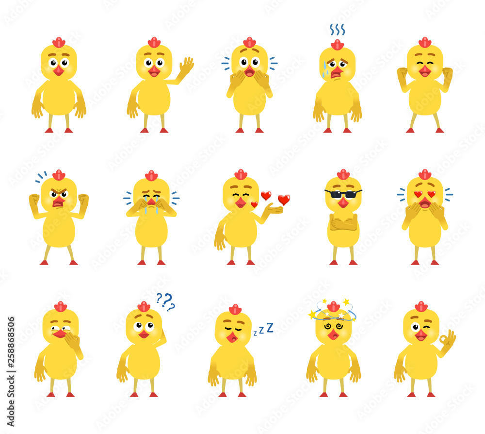 Set of cartoon chicken characters showing diverse emotions. Funny ...