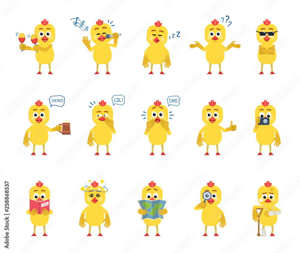 Set of cartoon chicken characters showing diverse actions, emotions ...