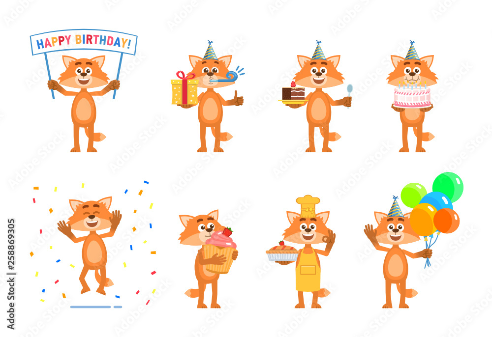 Set of cartoon fox characters posing in different situations. Cheerful ...