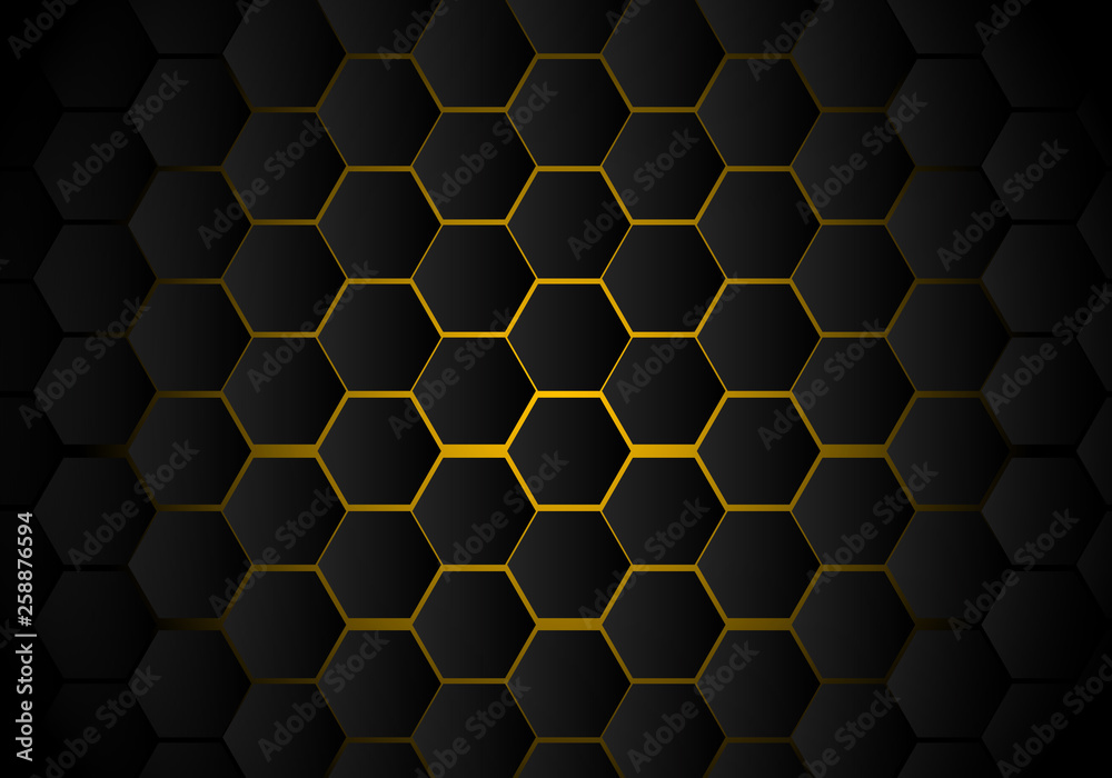 Abstract black hexagon pattern on yellow neon background technology ...