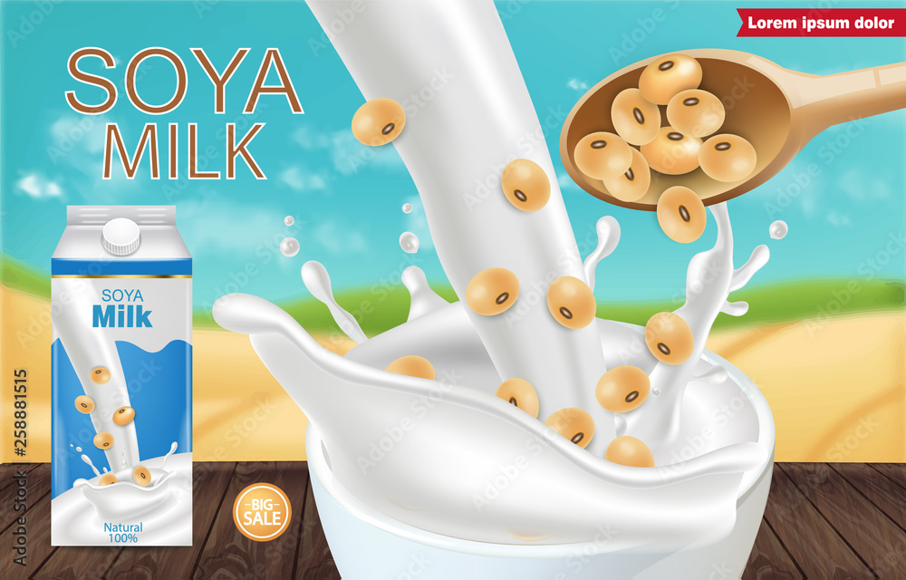 Soy milk mock up ads with splash Vector realistic. Milk box product ...