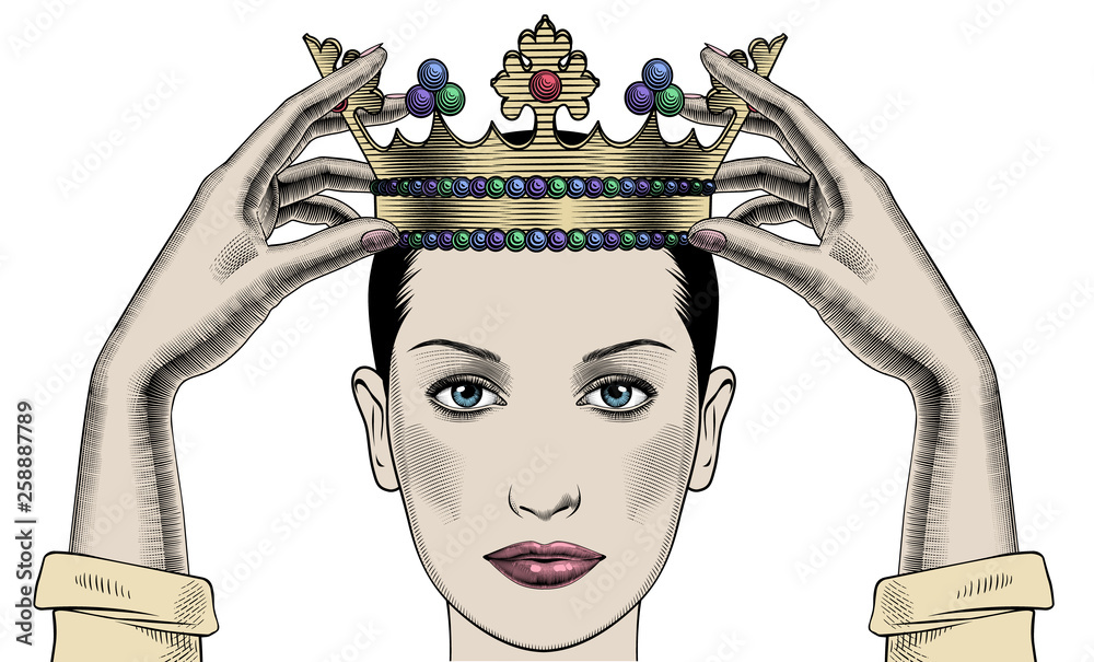 Woman holding above a head the golden crown. Leadership, success ...