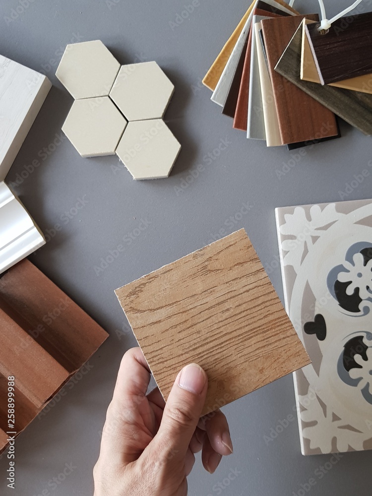 samples of material, wood , on concrete table.Interior design select ...