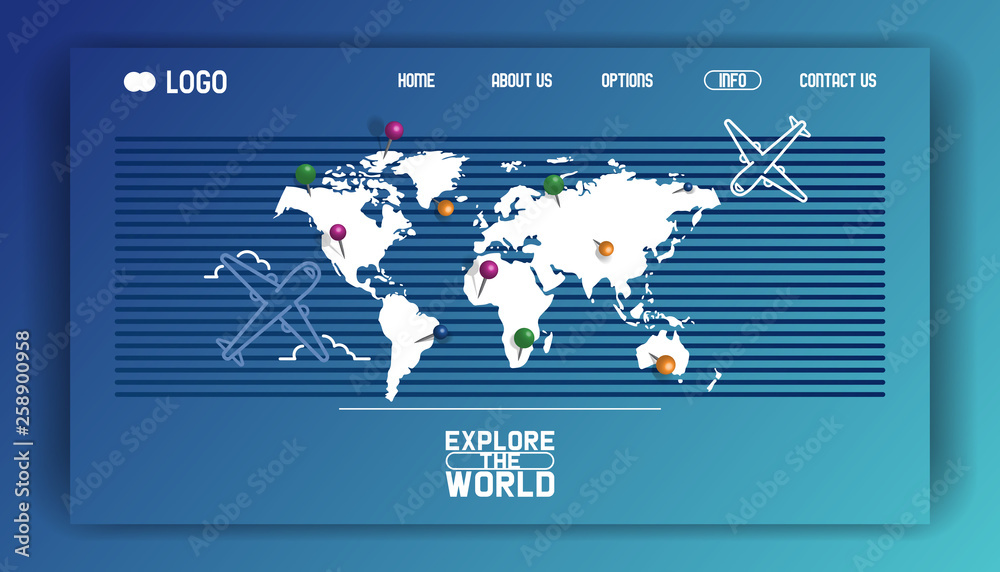 World map vector web-page aircraft airplane flight transportation ...