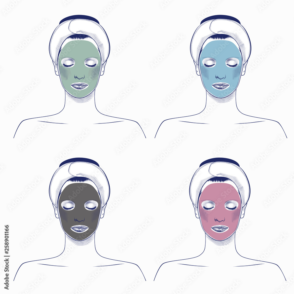 Different types of face masks. Female faces in face mask. Facial ...
