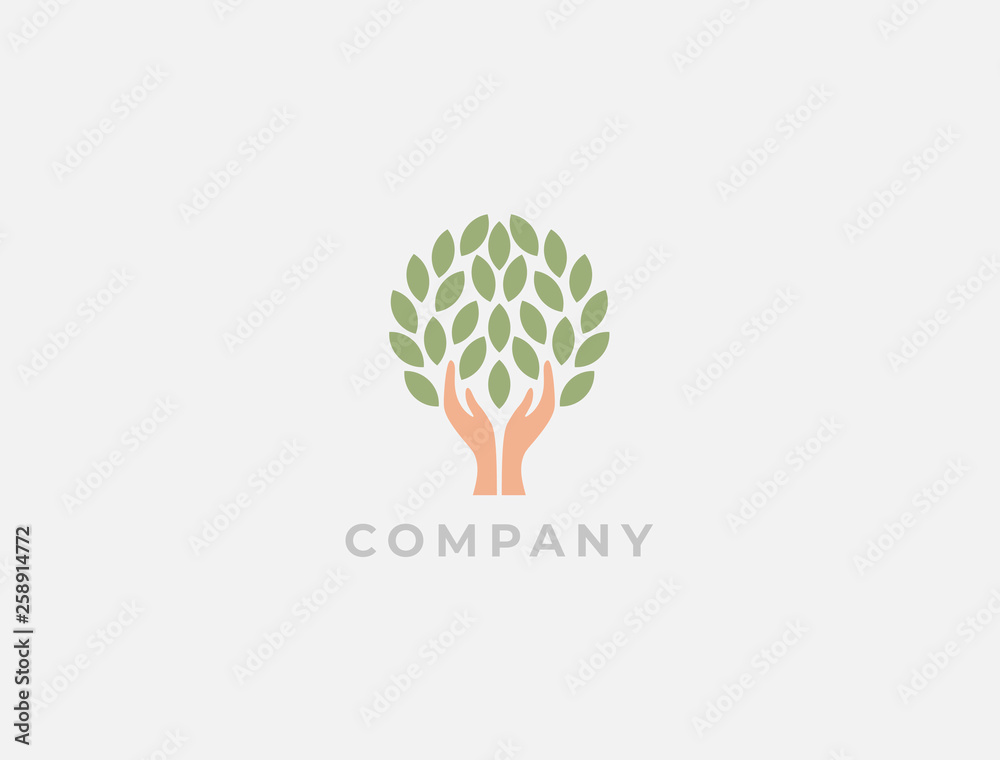 Tree logo with human hands. Ecology, environment, environment friendly ...