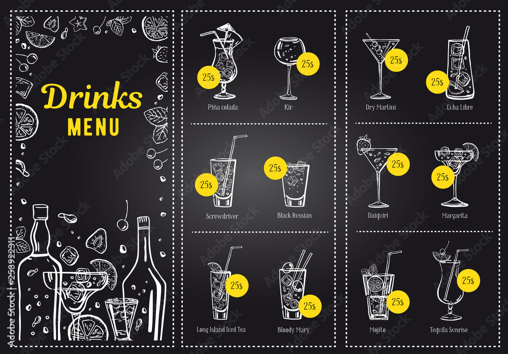 Cocktail menu design template and drink list. Vector outline hand drawn ...
