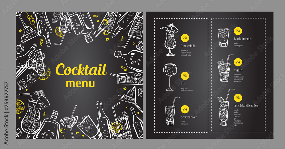 Cocktail menu design template and drink list. Vector outline hand drawn ...