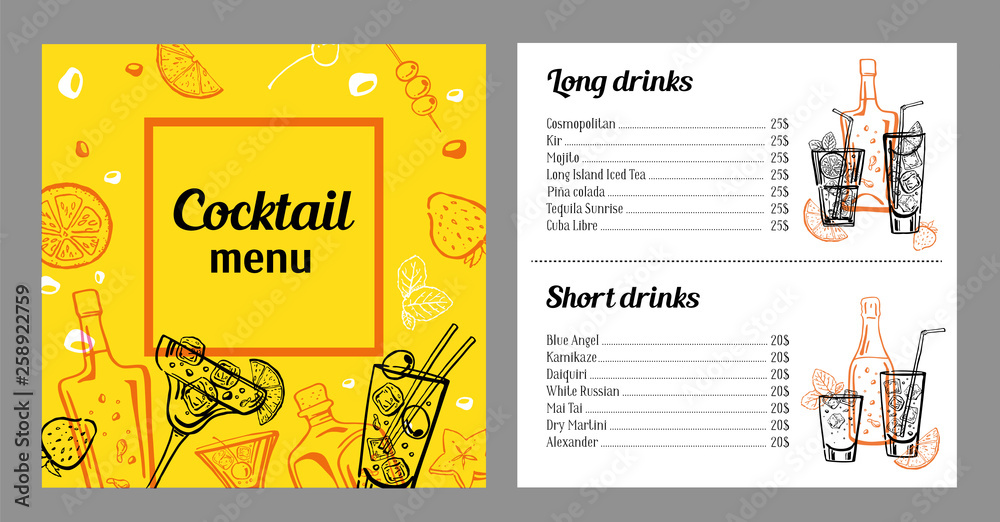 Cocktail menu design template with list of drinks. Vector outline ...