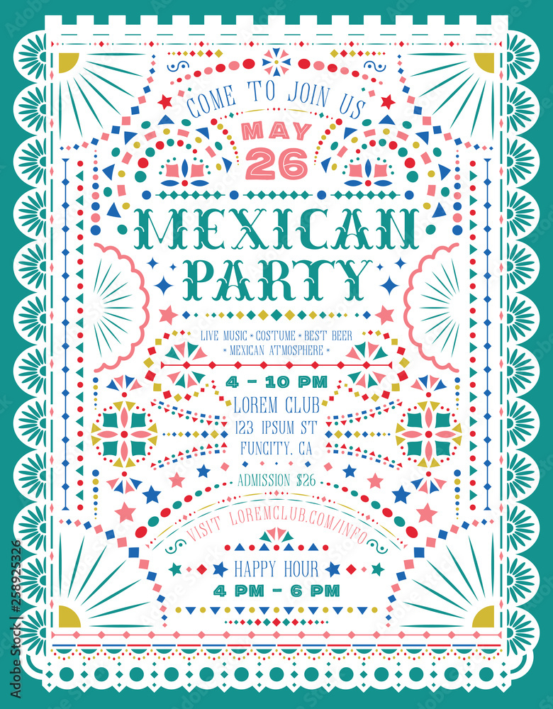 Mexican party announce poster template with paper cut elements. Stock ...