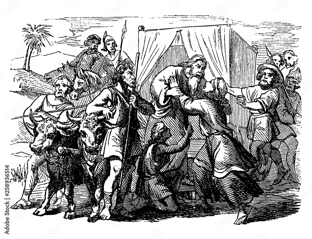 Vintage antique illustration and line drawing or engraving of biblical ...