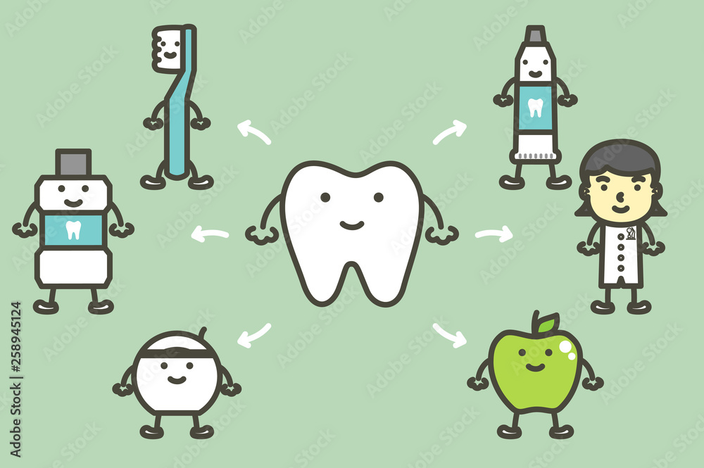 set of tooth and best friends toothbrush, toothpaste, mouthwash, floss ...