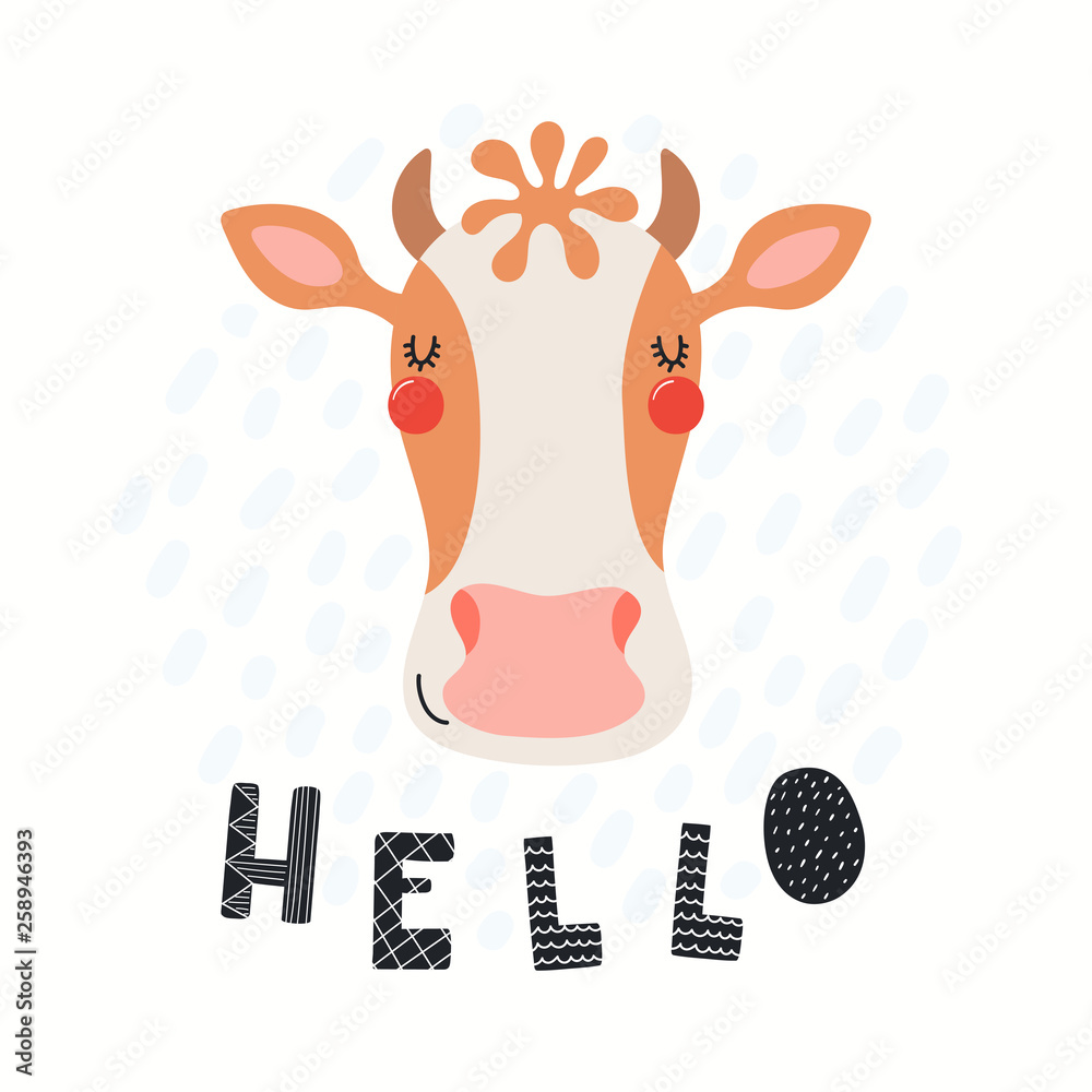 Hand drawn vector illustration of a cute funny cow face, with lettering ...
