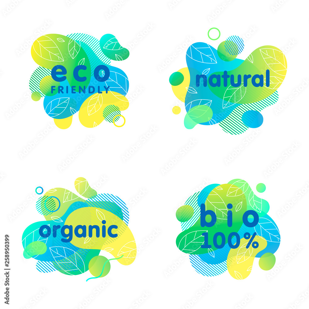 Set of bio,eco,organic,natural stickers and logos with liquid shapes ...