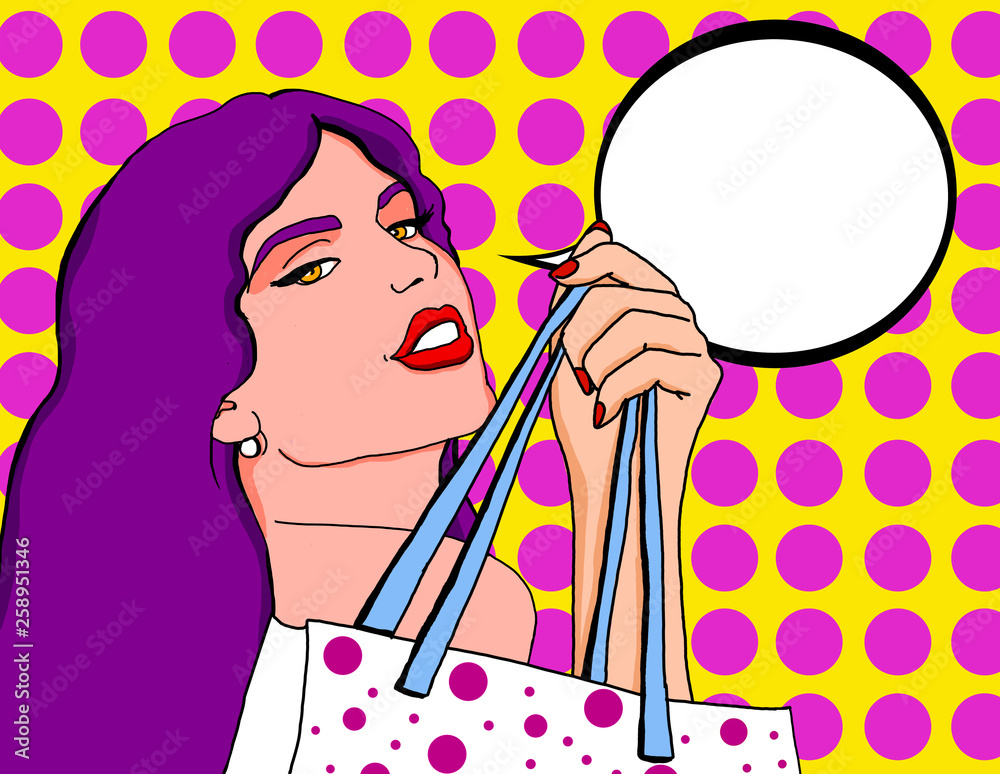 Pop illustration of a pretty woman with pin up look with a bubble in ...