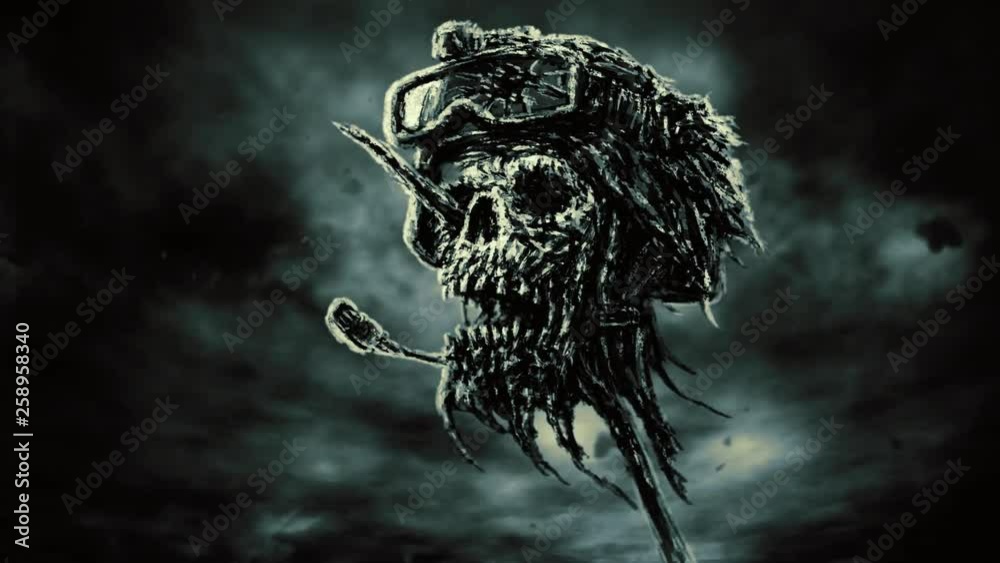 Dead zombie soldier head in helmet on pin. Dark sky background ...