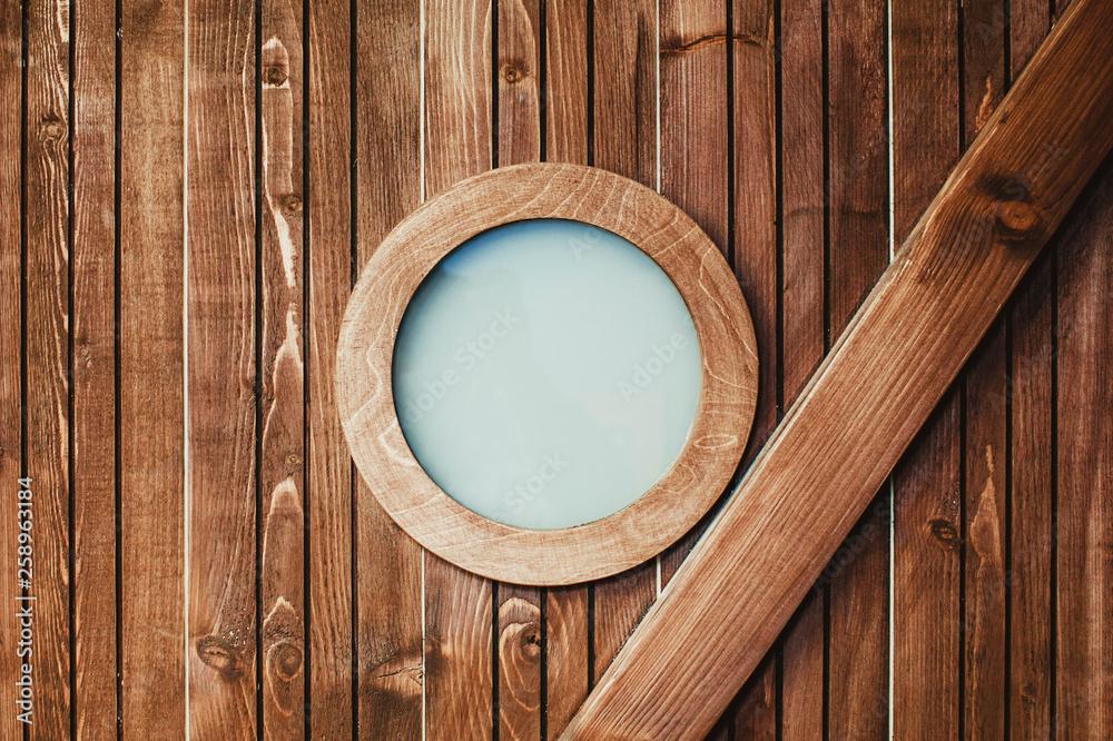 Wooden pirate ship cabin round frame glass window. Stock Photo | Adobe ...