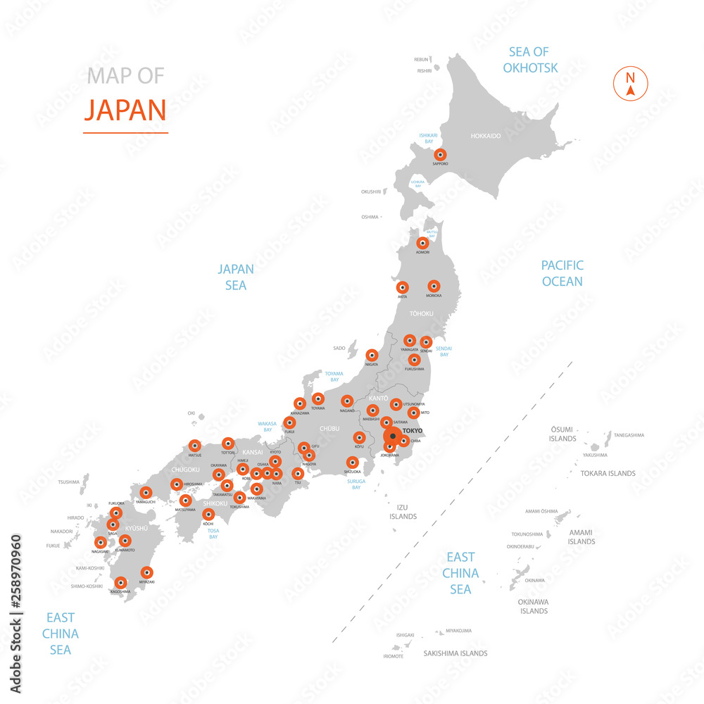 Stylized vector Japan map showing big cities, capital Tokyo ...