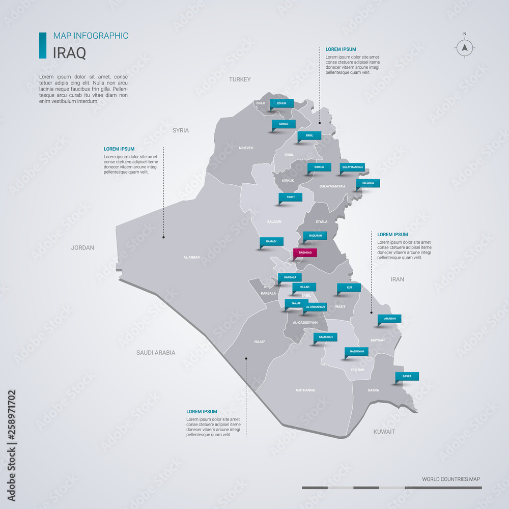 Iraq vector map with infographic elements, pointer marks. Stock Vector ...