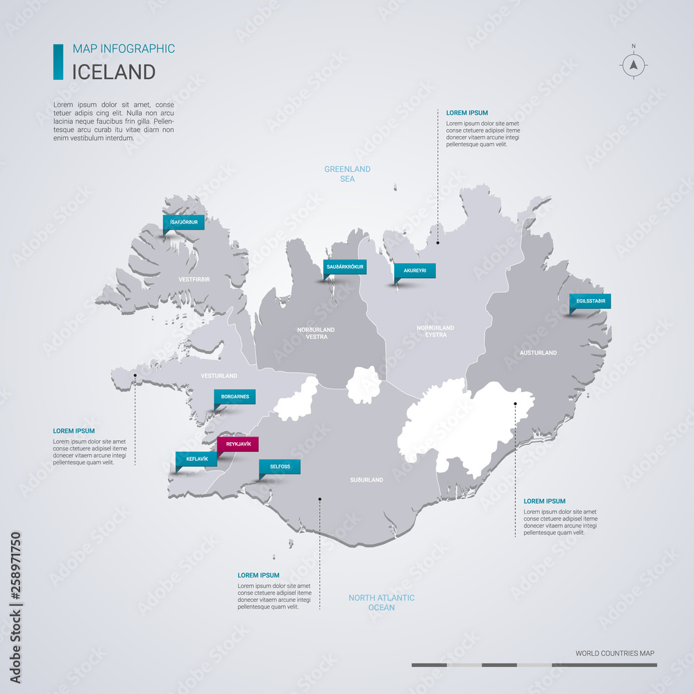 Iceland vector map with infographic elements, pointer marks. Stock ...