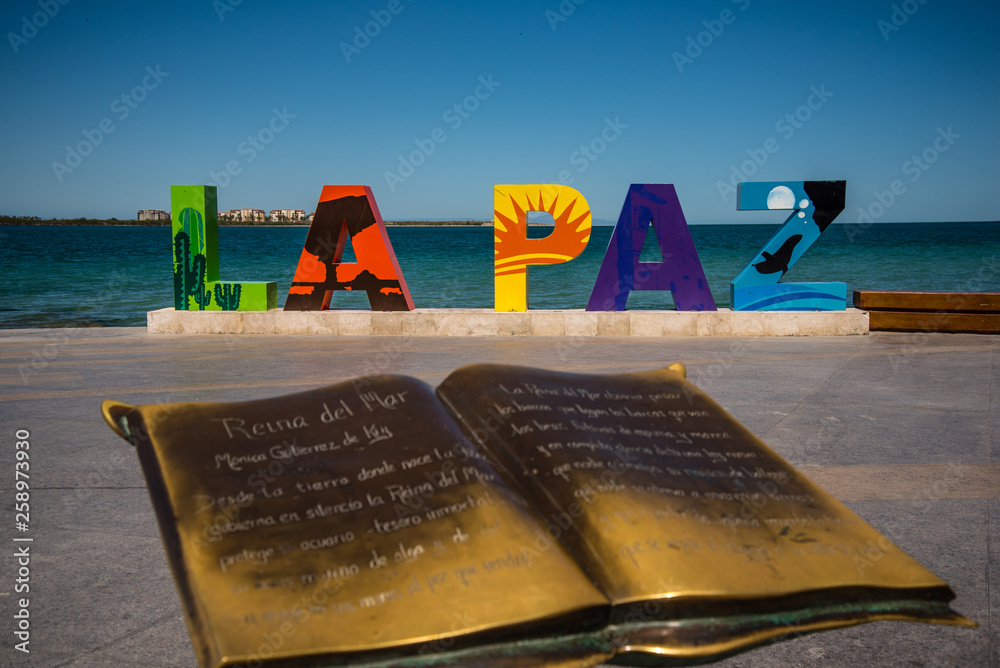 The famous logo and sign of La Paz Baja Mexico along the sea of cortez ...