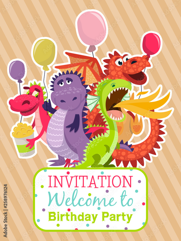 Baby dragons poster, invitation card vector illustration . Cartoon ...