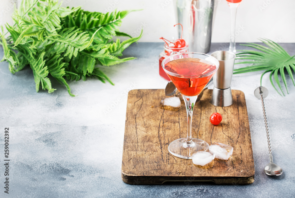 Classic alcoholic cocktail Manhattan with american bourbon, red ...