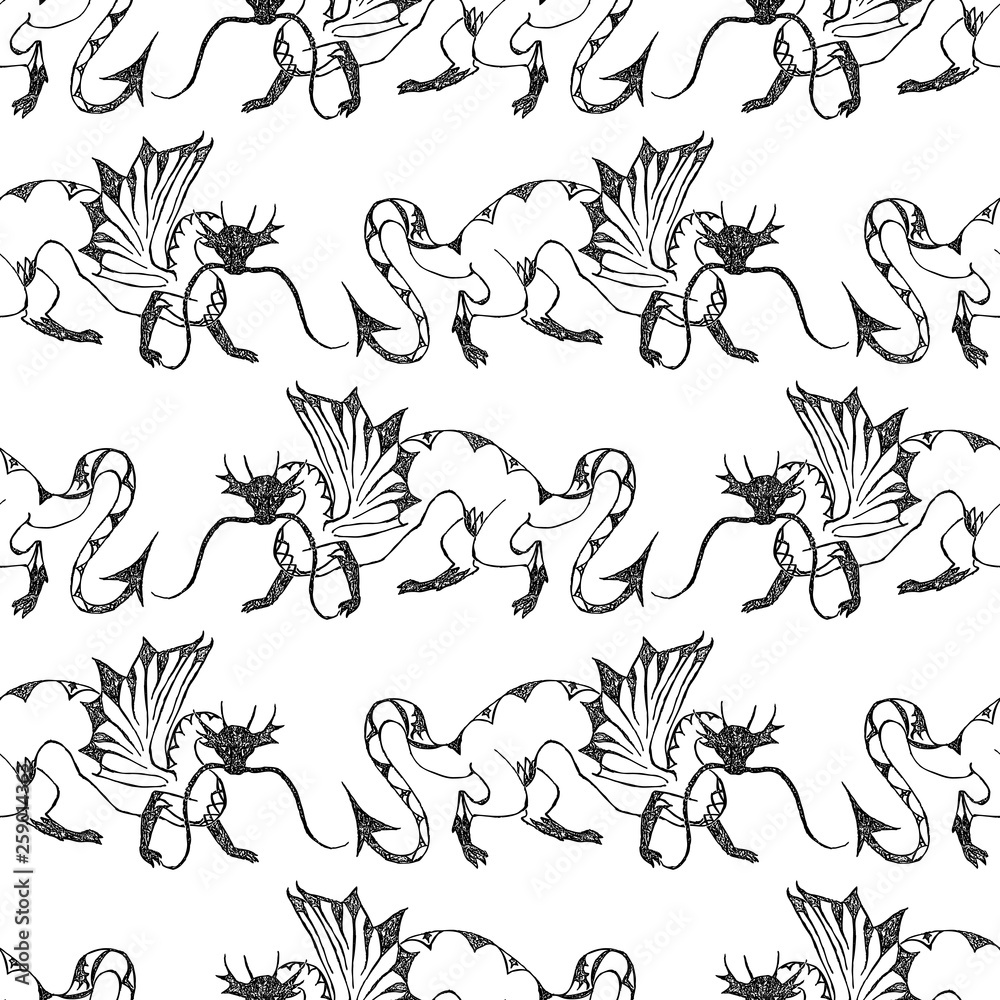 Seamless background of drawn fabulous dragons Stock Vector | Adobe Stock