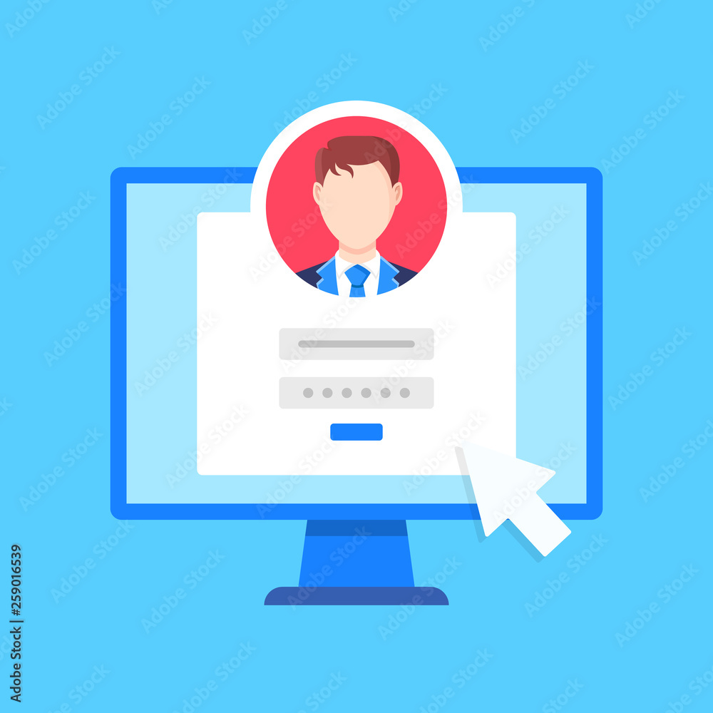 Login form on computer screen. Credentials, password page, registration ...