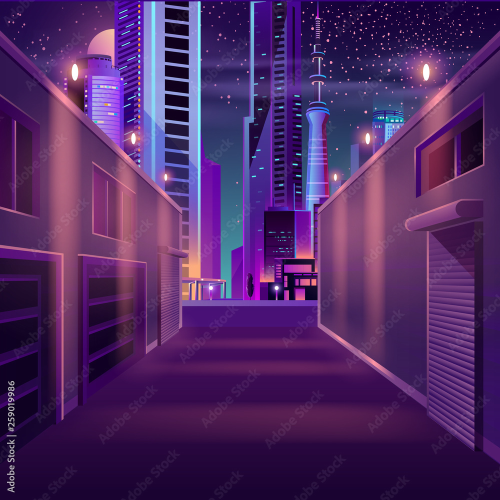 Side street in night metropolis cartoon vector with illuminated ...