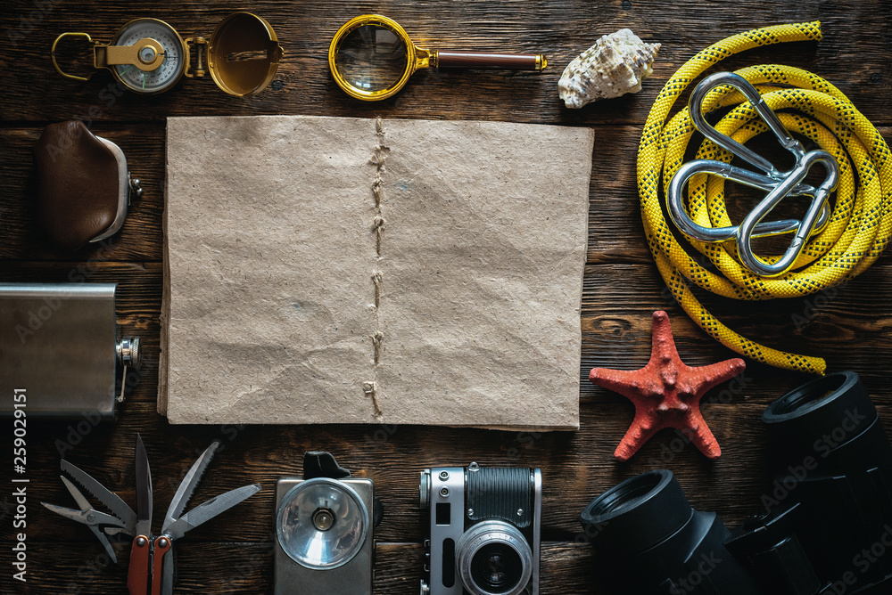 Adventurer or tourist map mock up. Diary book of traveler. Explorer to ...