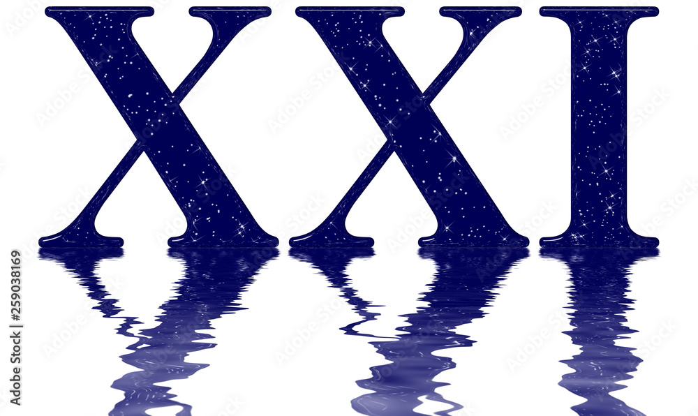 Roman numeral 21, twenty one, star sky texture imitation, reflected on ...