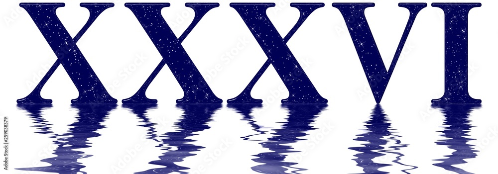 Roman numeral 36, thirty six, star sky texture imitation, reflected on ...
