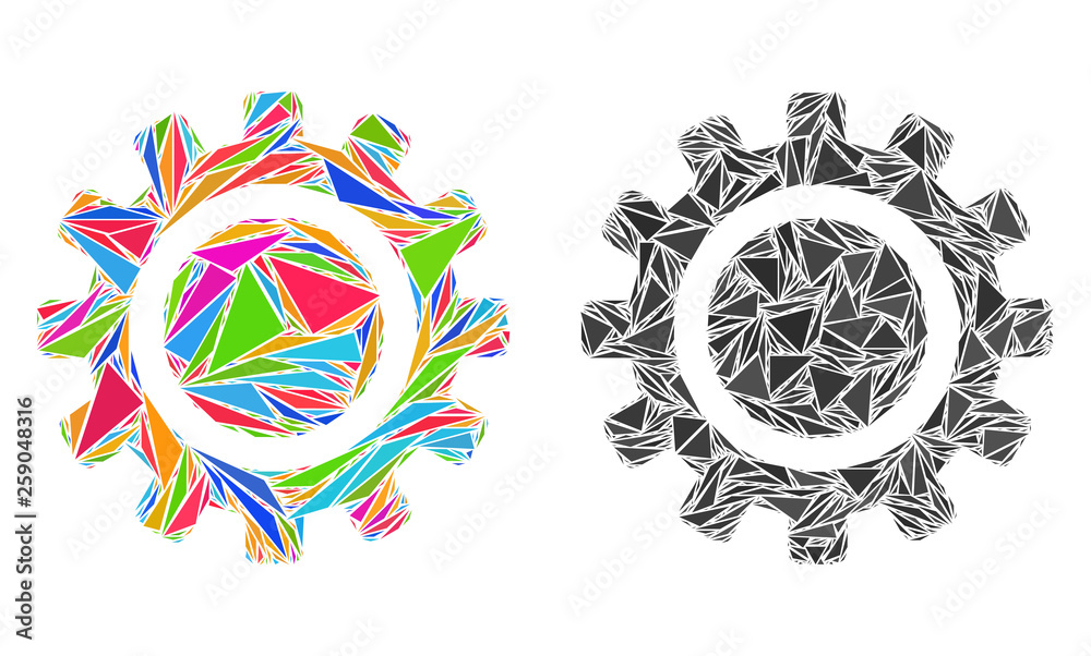 Triangle collage Cog icons designed from triangle elements in variable ...