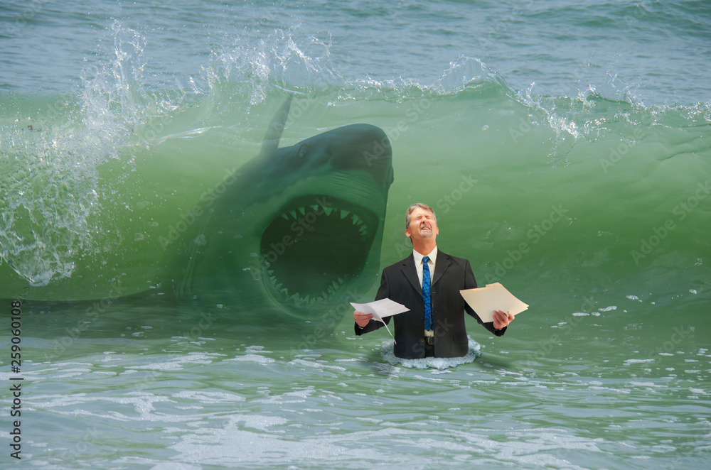 Business pressure man getting hit by wave with attacking shark Stock ...