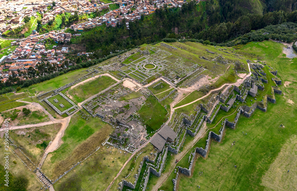 Aerial top view of the inca ruins of Sacsayhuaman on the outskirts of ...