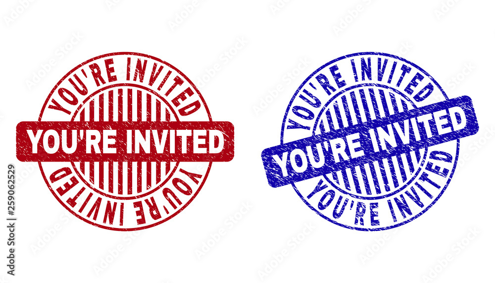 Vettoriale Stock Grunge YOU'RE INVITED round stamp seals isolated on a ...