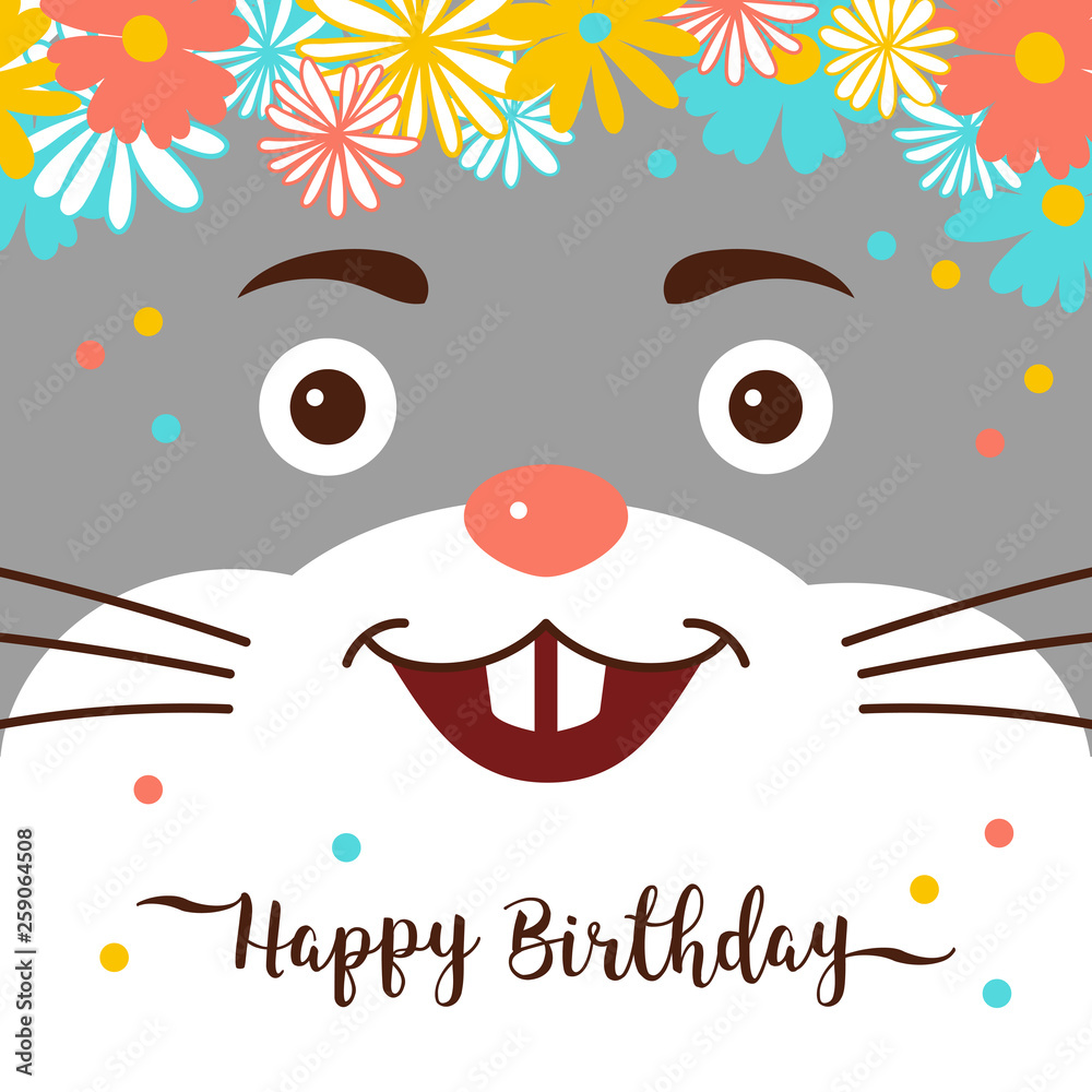 Cartoon bunny Happy Birthday greeting card. Cute rabbit with a wreath ...