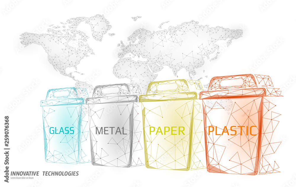 Low poly waste separation world map concept. Garbage recycle plastic ...