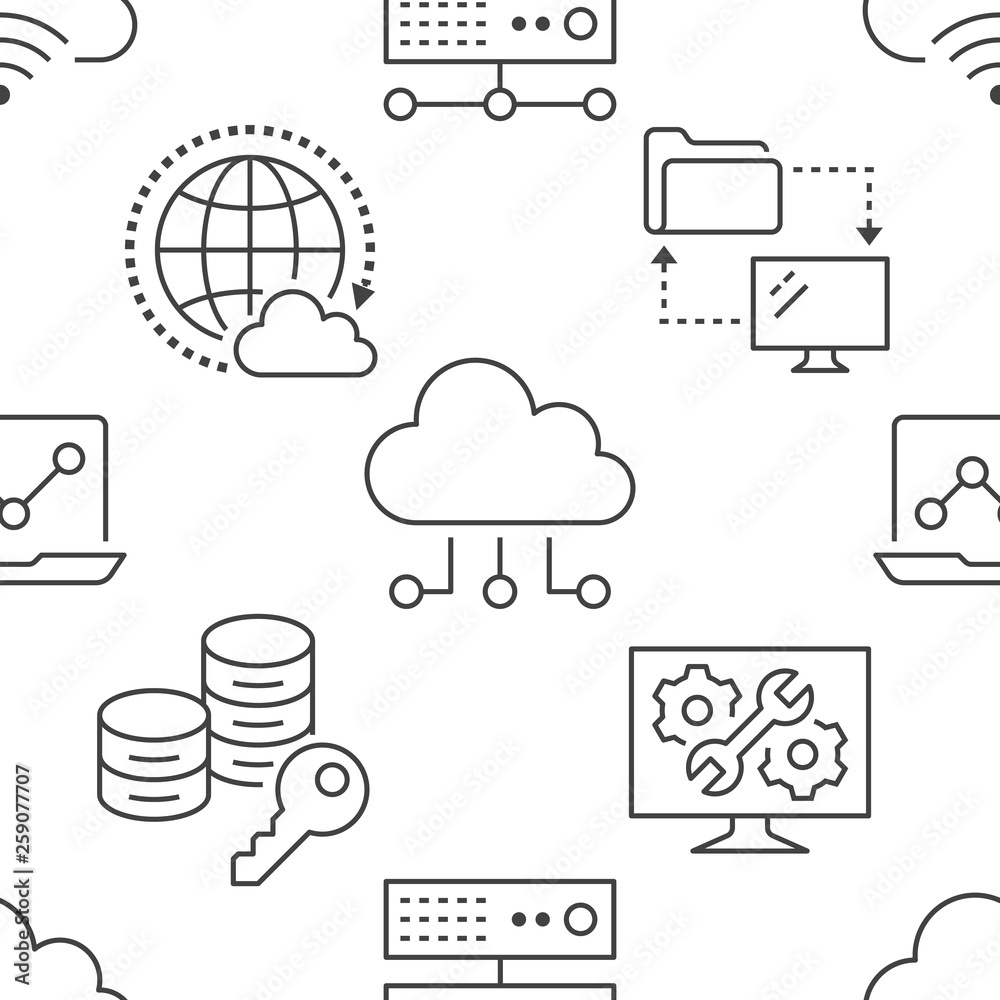 Cloud data storage seamless pattern with line icons. Database background, information storage ...