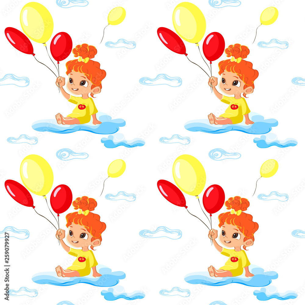 Seamless Pattern for Children with little girl playing on clouds with a ...