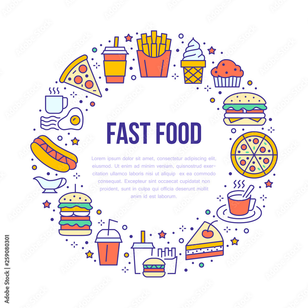 Fast food circle illustration with flat line icons. Thin vector signs ...