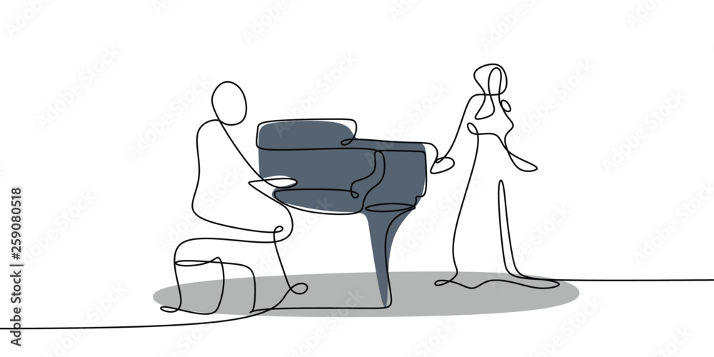 continuous line drawing of men playing piano music instruments and ...
