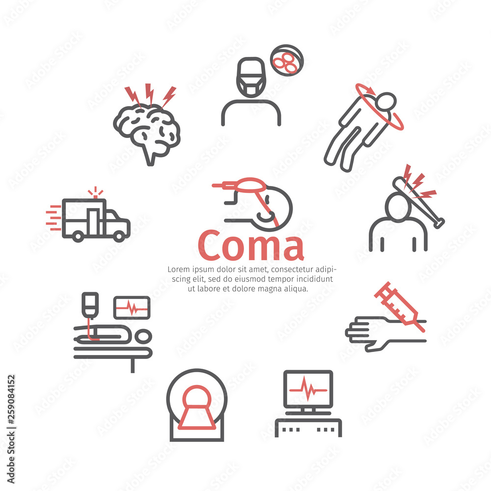 Man in a coma. Hospital bed. Infographic line icons. Vector Stock ...