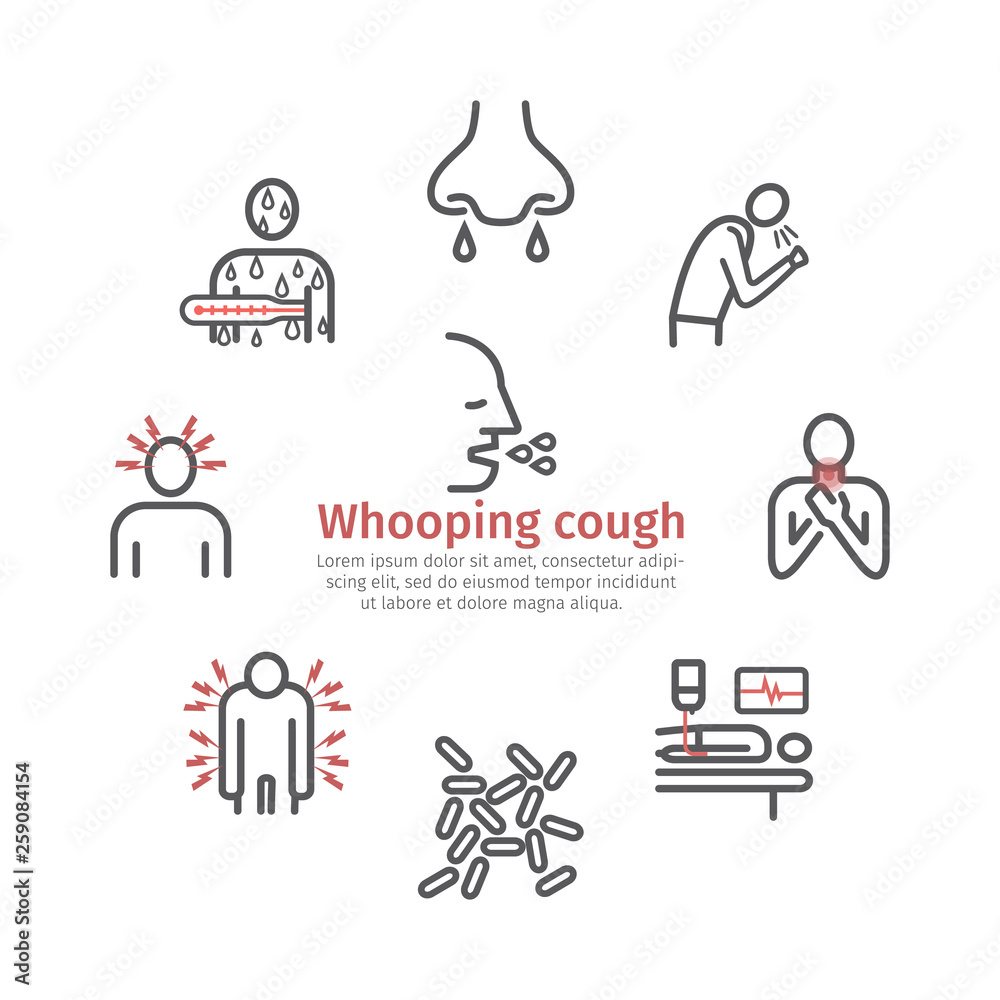 Pertussis banner. Whooping cough, Symptoms, Treatment. Line icons set. Vector infographics ...