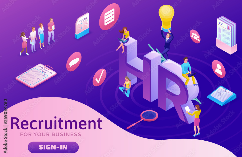 Job agency isometric infographic landing page template with 3d employer ...