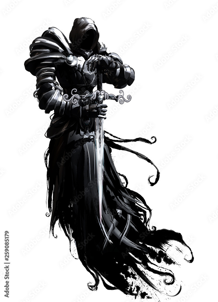 Black Ghost in hood and black armor and ragged clothes hovers on white ...