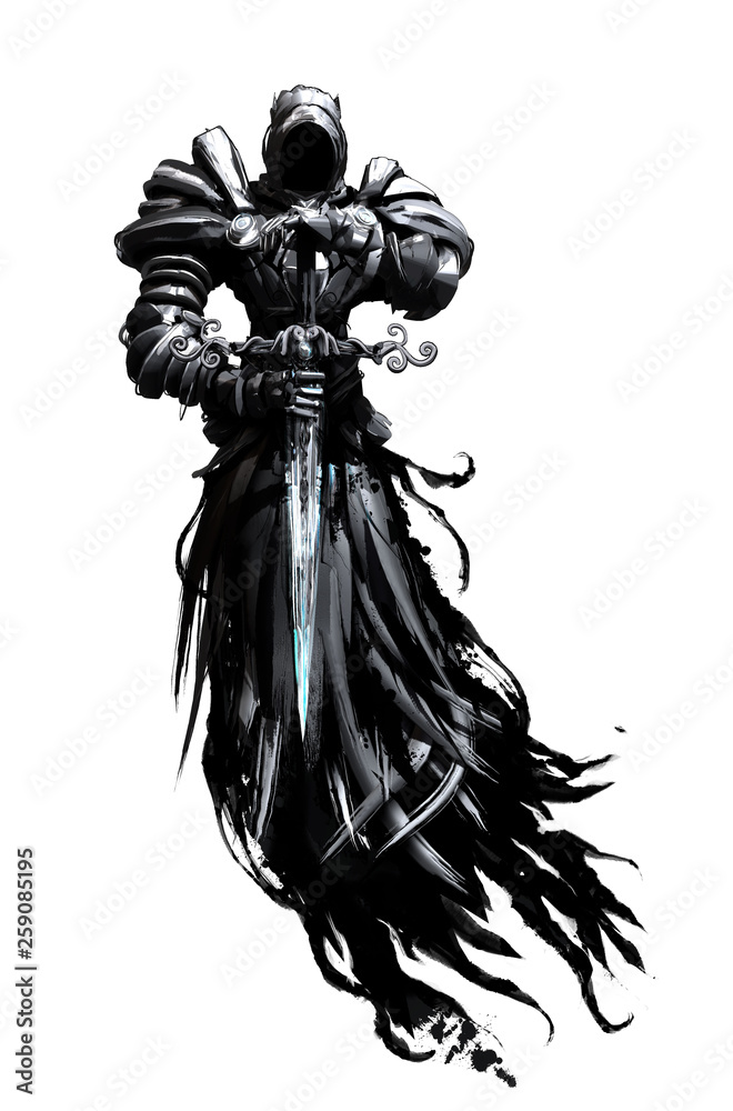 Black Ghost in hood and black armor and ragged clothes hovers on white ...