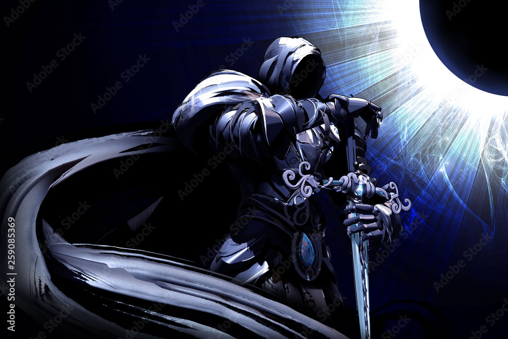 ภาพประกอบสต็อก A black knight with a long cloak stands holding a sword ...